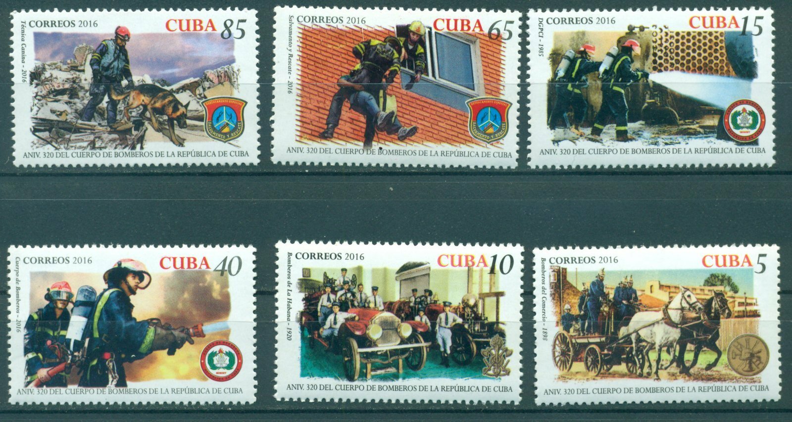 Почтовые марки Куба 2016г. "320-летие пожарной службы Кубы" Автомобили, Лошади, Транспорт, Спасатели, Собаки, Пожарные MNH