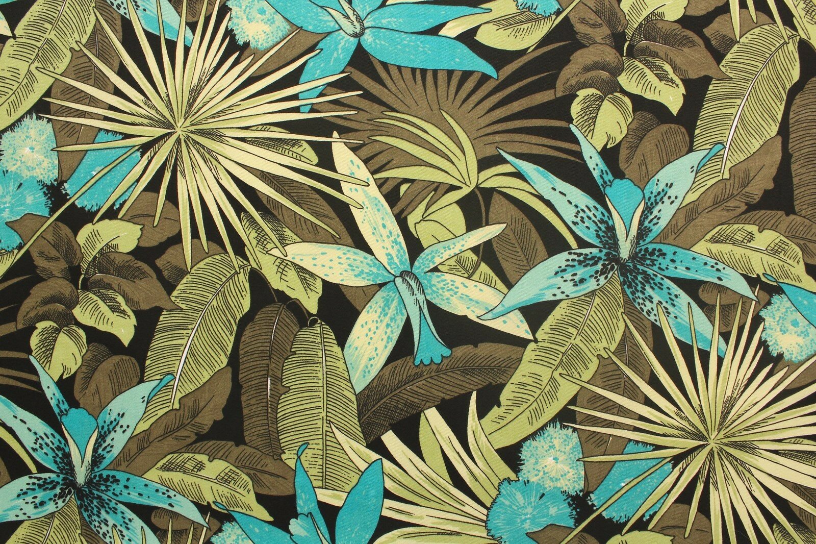 Ткань Джинс стрейч оливково-фисташковый с тропическим узором, ш144см, 0,5 м