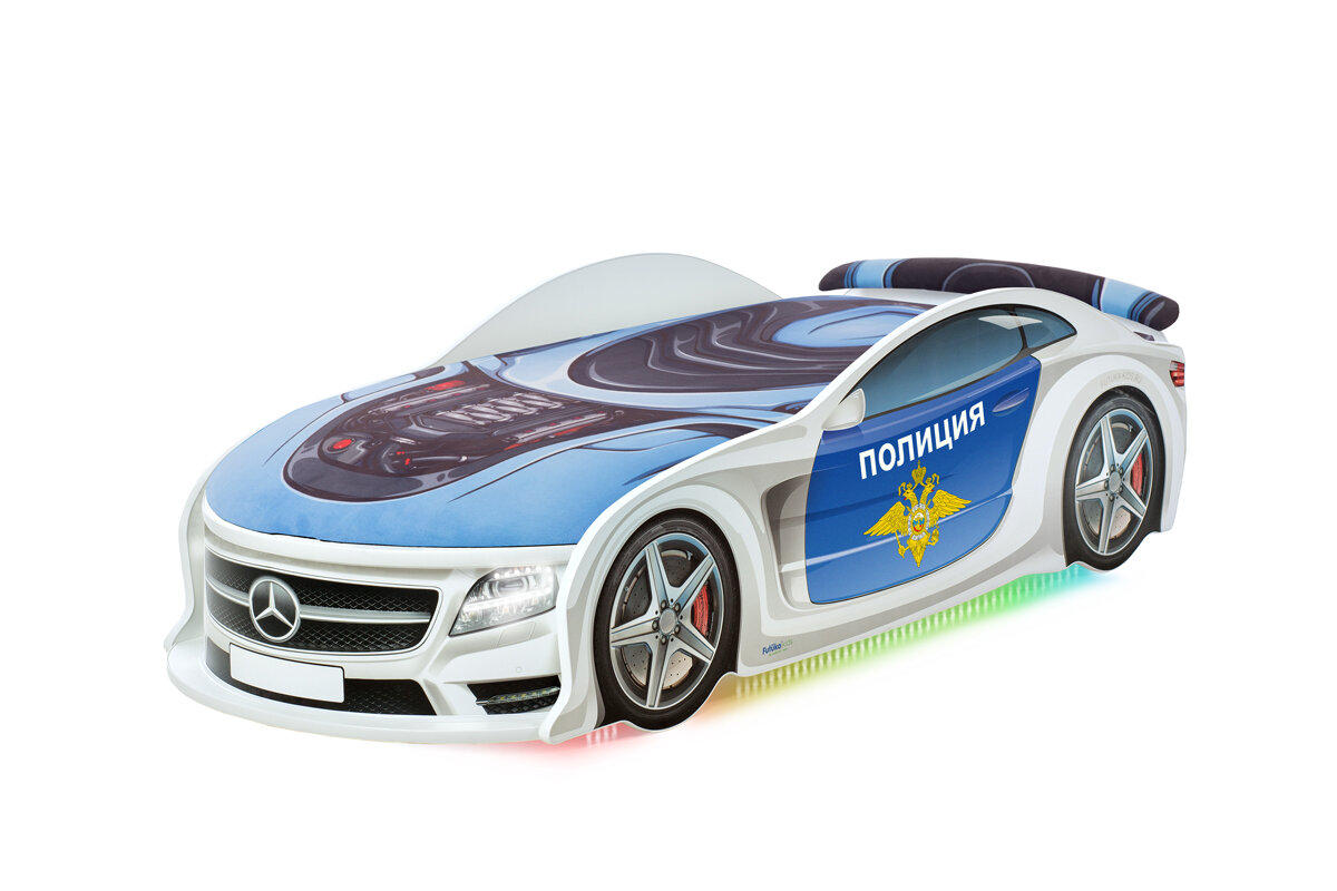 Детская кровать-машина UNO Мерседес 3D матрас, с подсветкой фар и дна, цвет полиция, спойлер