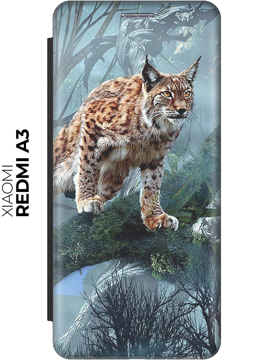 Чехол-книжка на Xiaomi Redmi A3 / Сяоми Редми с рисунком "Дикая рысь" черный