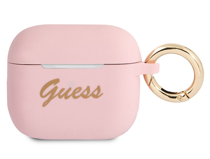 Чехол с карабином Guess Silicone with ring Script logo для AirPods 3, цвет Светло-розовый (GUA3SSSI)