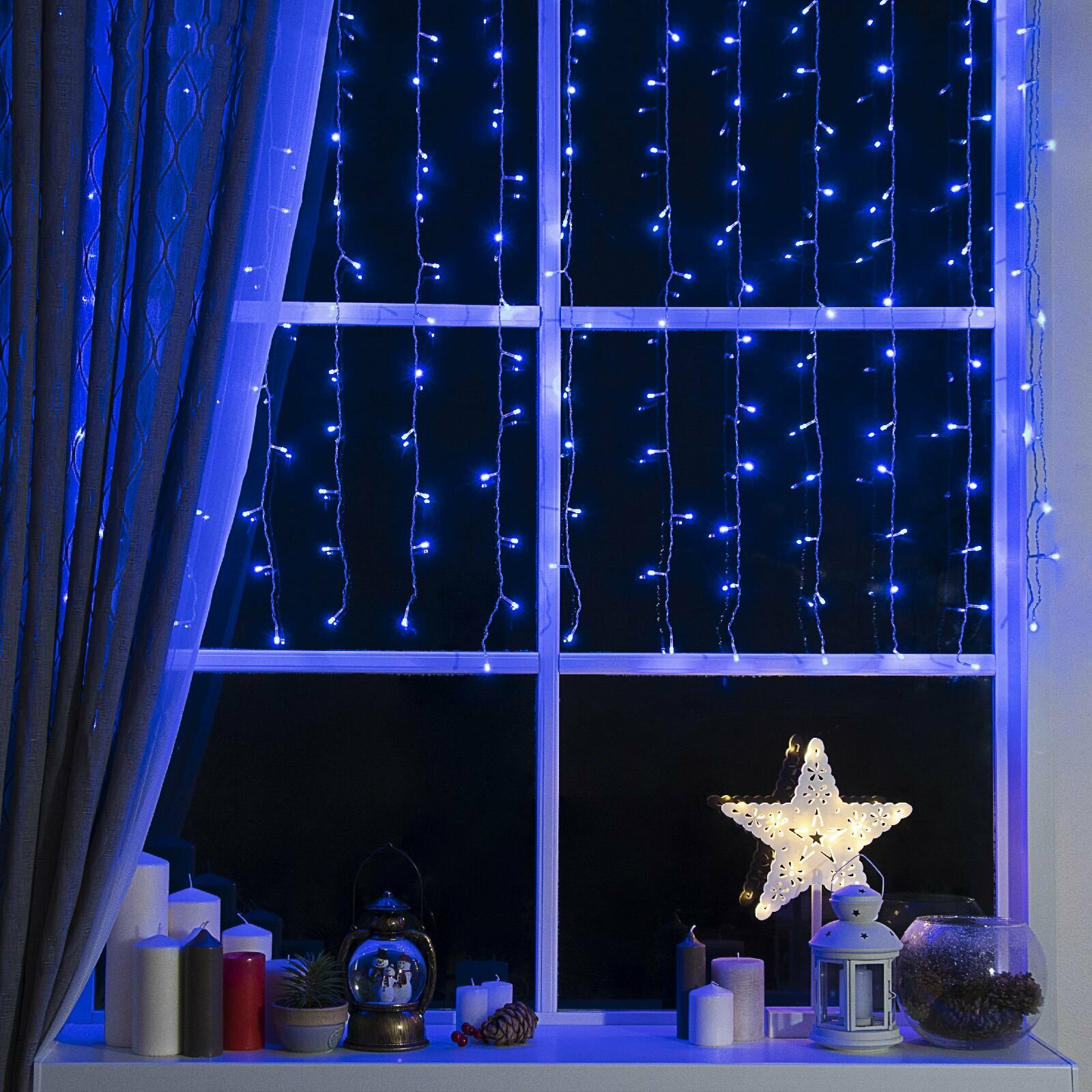 Светодиодная гирлянда-штора "Занавес", электрогирлянда дождь на окно и фасад дома, интерьерное украшение, праздничное освещение на Новый год, синие свечение, прозрачная нить, 180 LED фонариков, 8 режимов, 1,5 х 1 м, IP20, 220 В