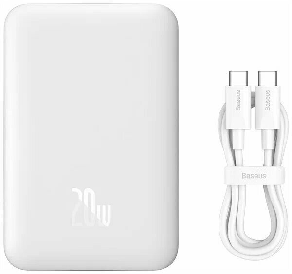 Внешний магнитный беспроводной аккумулятор BASEUS Magnetic Mini, 10000 mAh, 20W, с кабелем Type-C to Type-C 50 см и технологией MagSafe PPCX030002