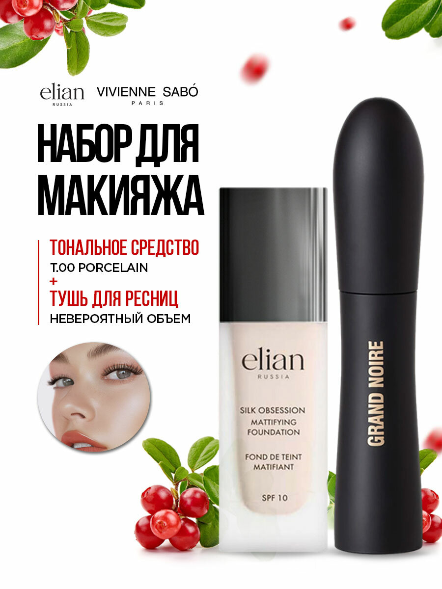 Тушь для ресниц черная термостойкая Vivienne Sabo Grand Noire + Тональный крем Elian Russia Silk Obsession Foundation, тон 00 Porcelain