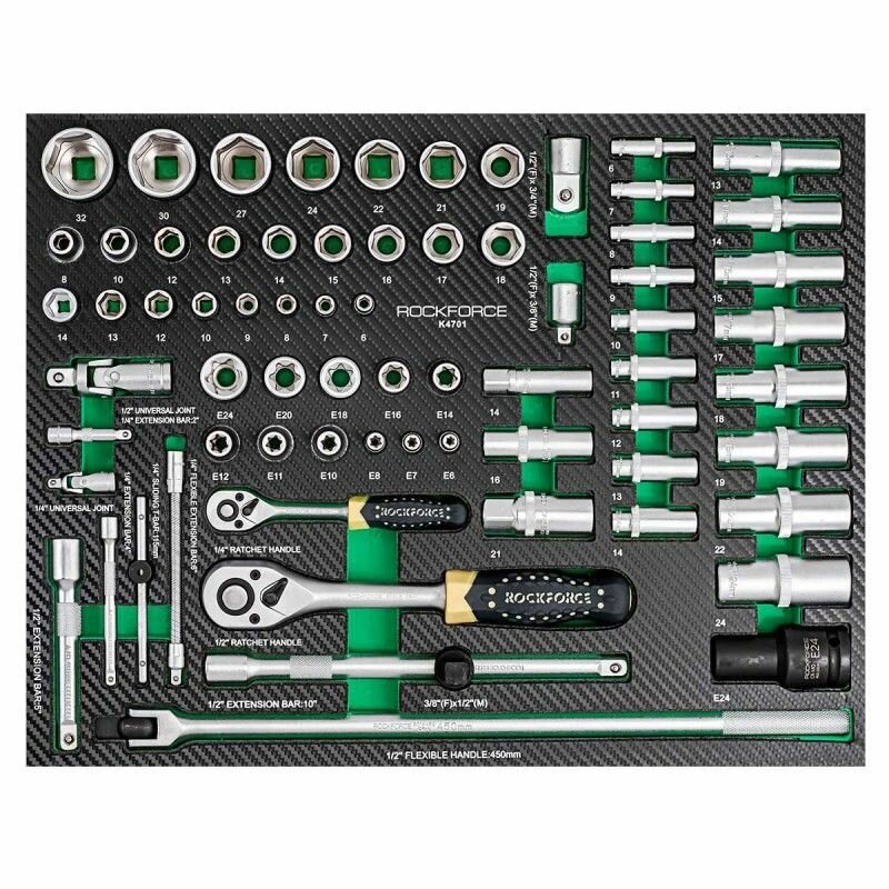 Набор инструментов для инструментальной телеги 1/4, 1/2 в ложементе RockForce 70 предметов 505мм*400мм