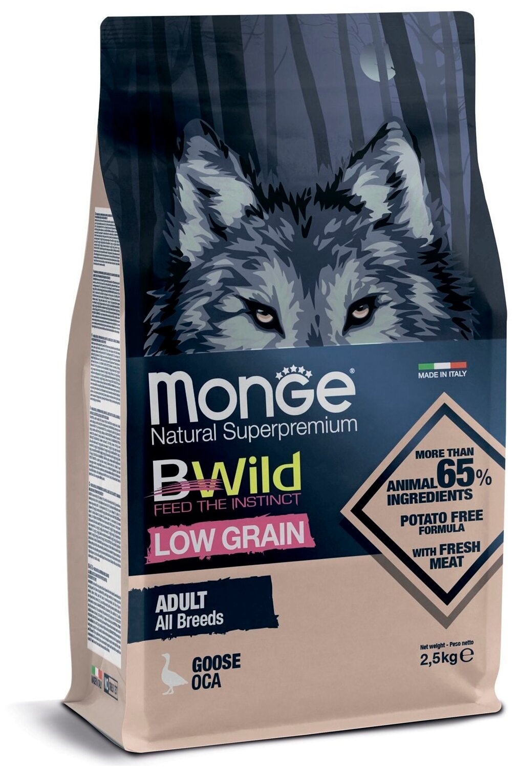 Сухой корм для собак Monge BWILD Feed the Instinct Low Grain, гусь 2.5 кг
