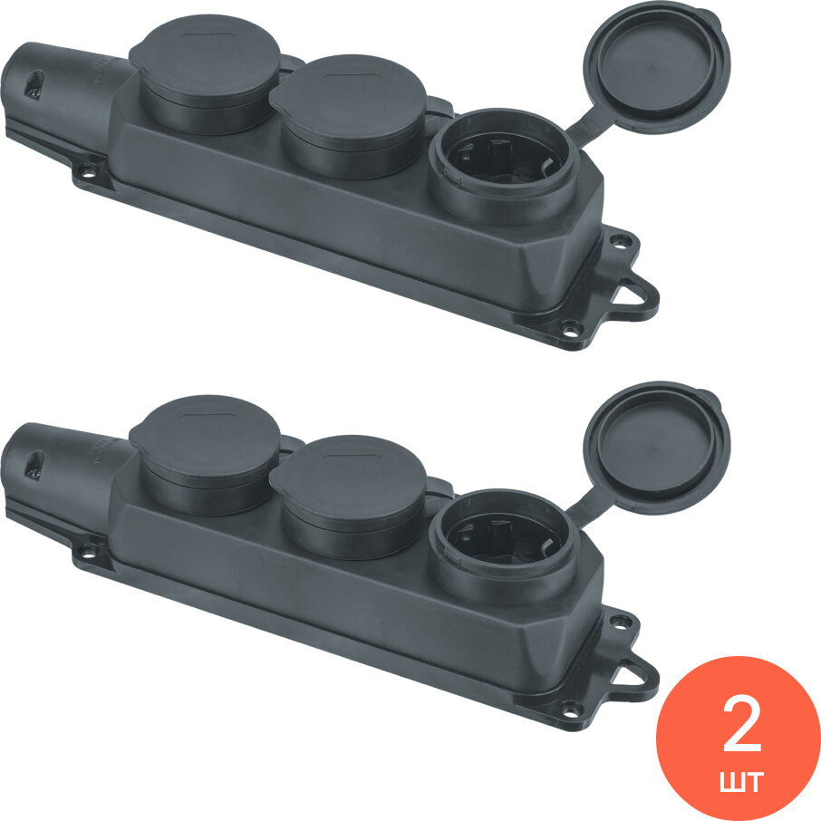 Блок розеток Navigator / Навигатор NCA-BLR2-03-16A-E-IP44-BL 3 гнезда с заглушками и с заземляющими контактами, каучук черный 61372 / колодка электрическая для удлинителя (комплект из 2 шт)