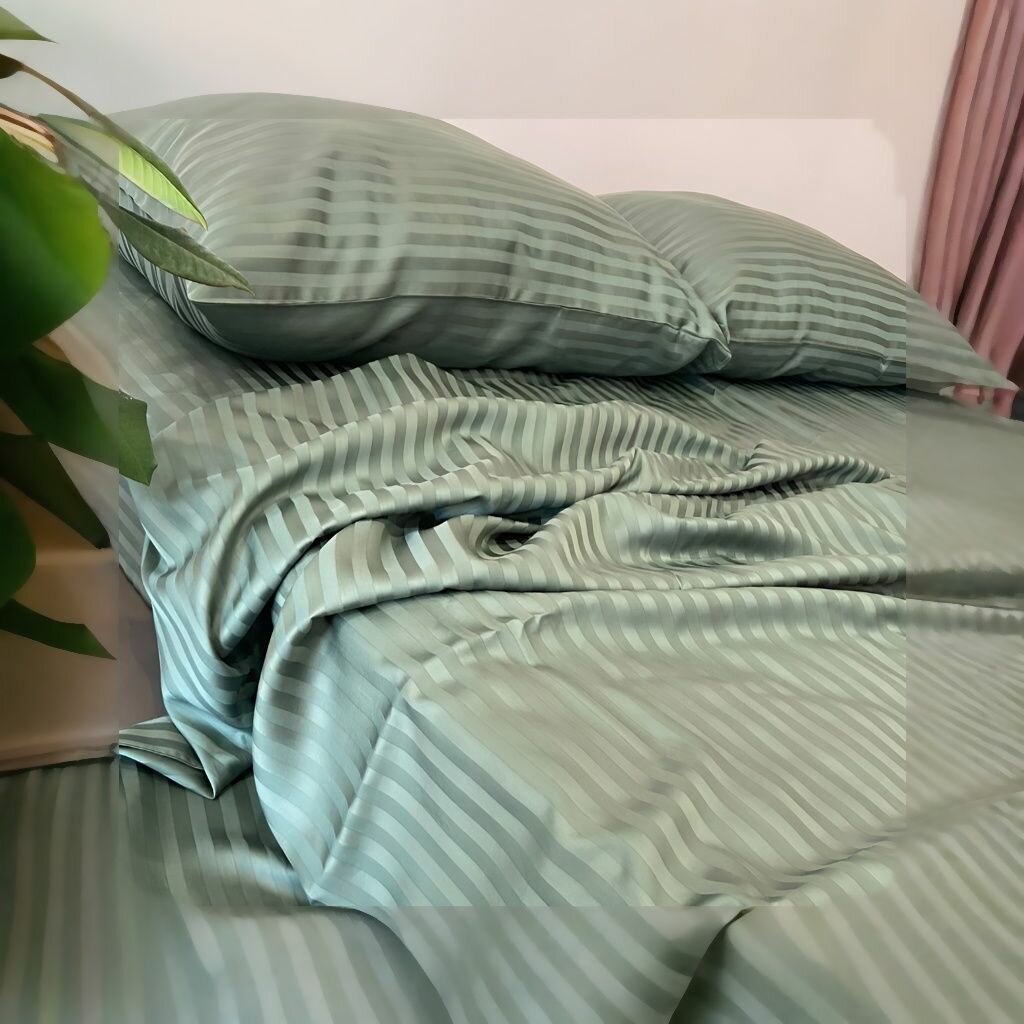 Комплект постельного белья , Healthy Sleep из страйп тенсель Евро; Изумрудная Зелень, наволочки 50/70