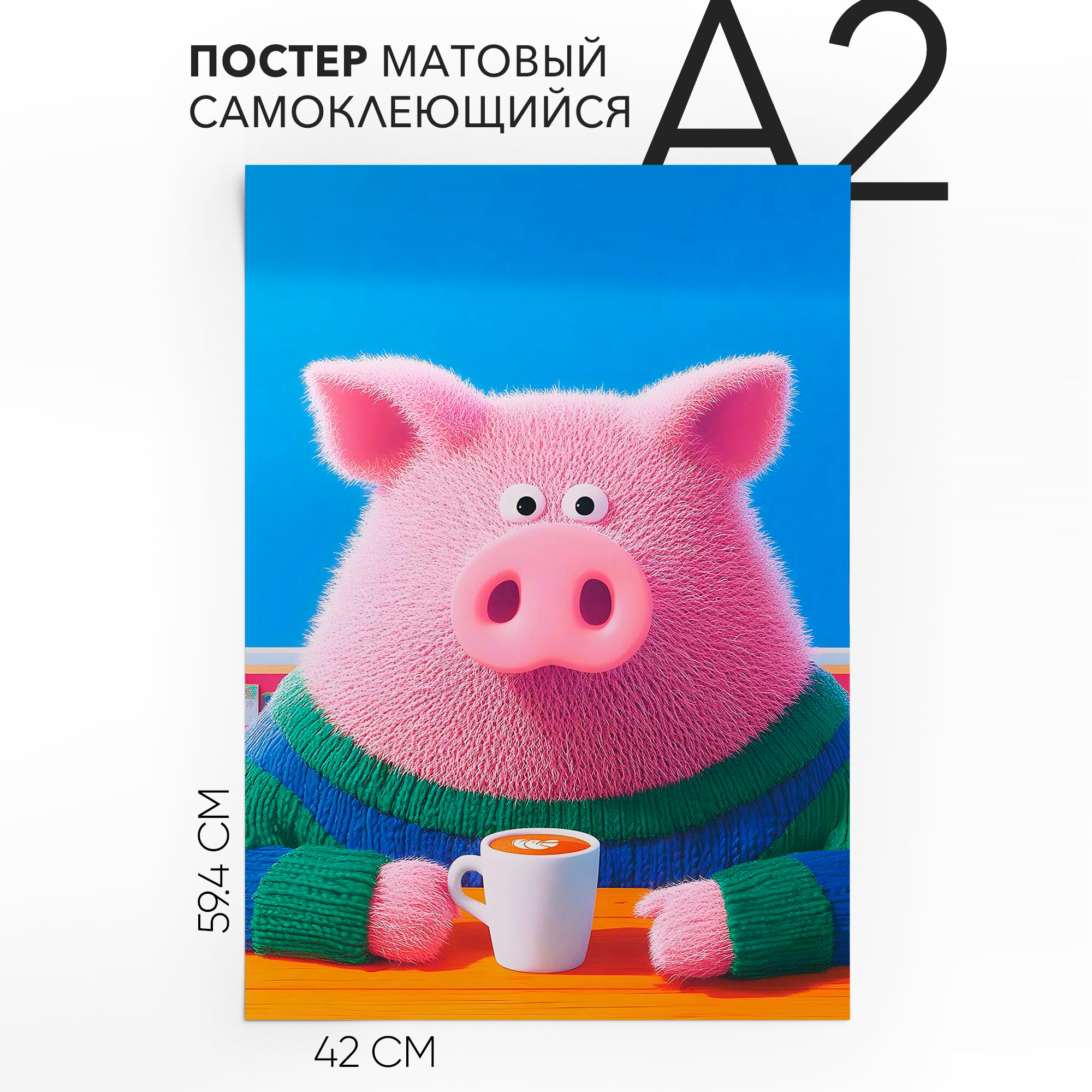 Постеры на стену, детский, большой A2 Свинка, влагостойкий, для декора