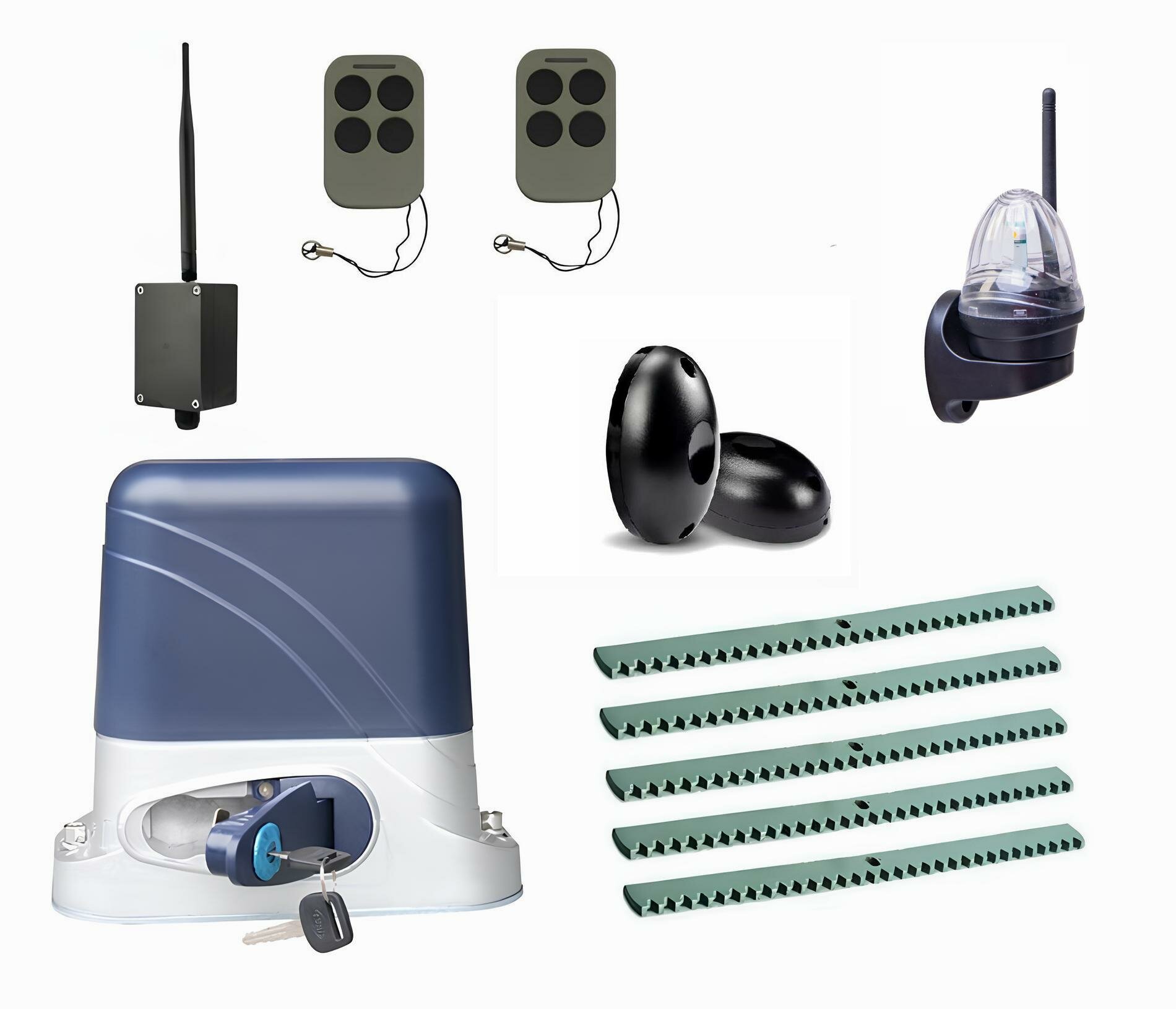 Автоматика для откатных ворот KSL-1300 FULL-4K5-BT, комплект: привод, 2 пульта, Bluetooth-модуль, фотоэлементы, лампа, 5 реек