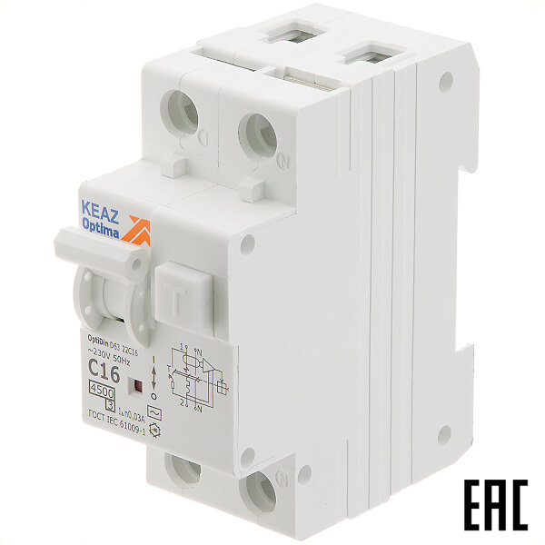 Дифф. автомат OptiDin D63-22C16 тип АС 16А-30мА 230В 1P+N 4,5кА 328098 КЭАЗ (2 шт. в наборе)