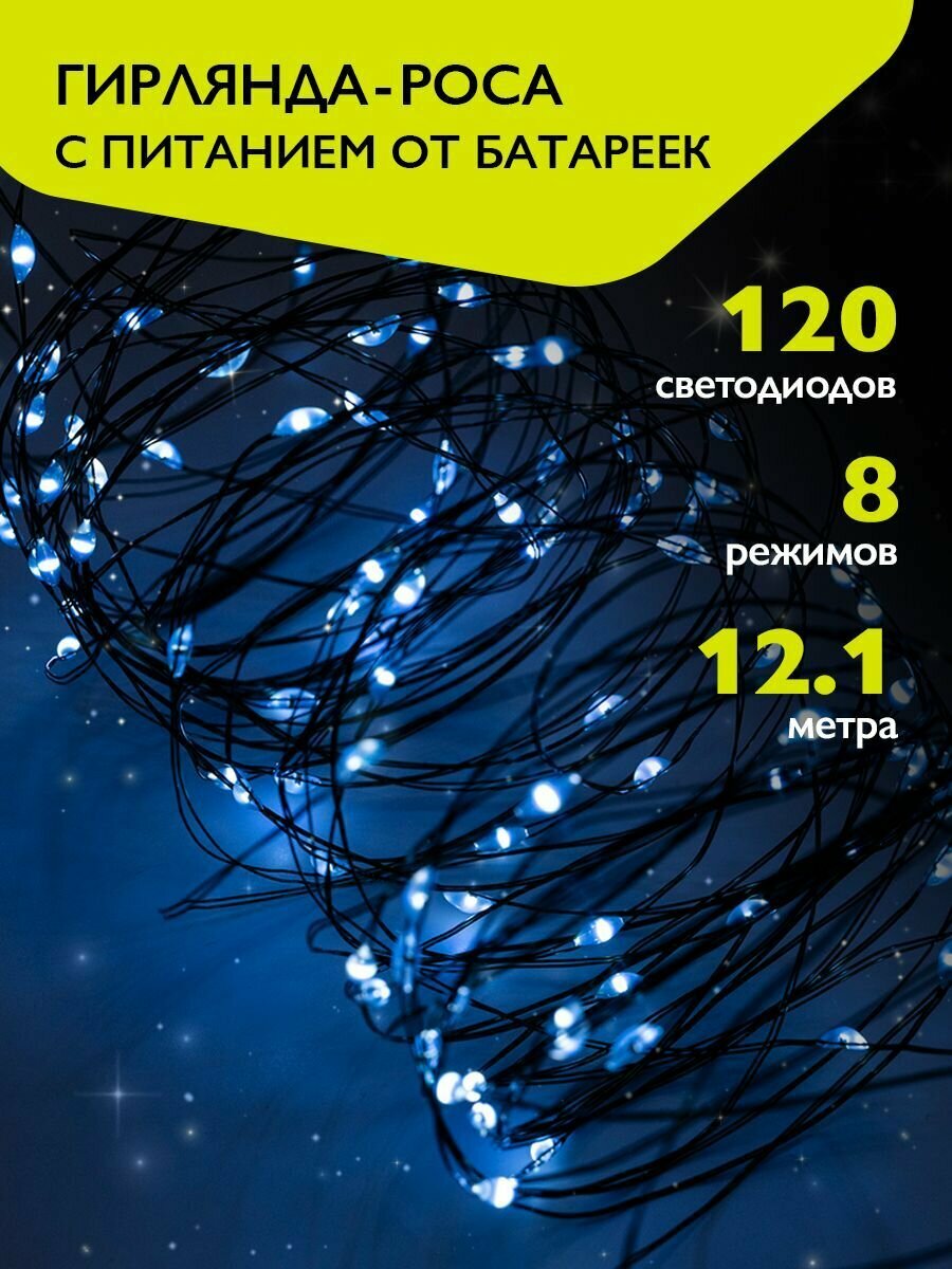 Гирлянда роса на батарейках ФAZA 120 LED 12.1м