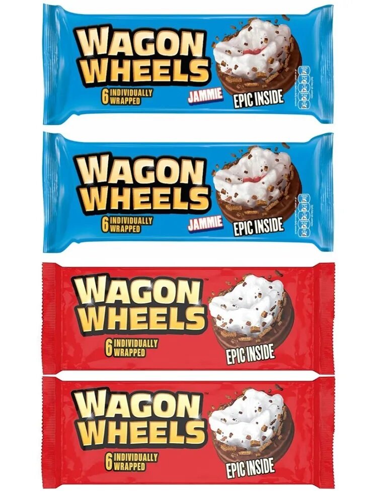 Печенье Wagon Wheels с суфле и джемом, покрытое глазурью с ароматом шоколада + Печенье Wagon Wheels с суфле, покрытое глазурью с ароматом шоколада, 2+2 упаковки