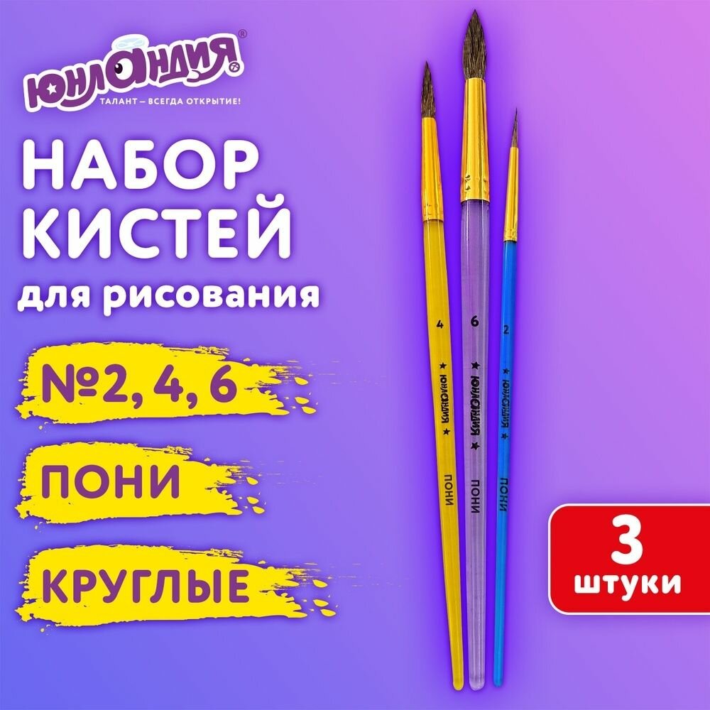 Набор кистей Юнландия Пони, 3 шт, круглые № 2, 4, 6, блистер (201068)
