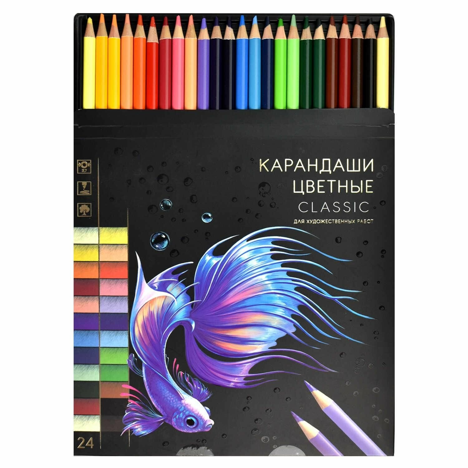 Цветные карандаши Феникс "Классик", 24 оттенка, круглые, липа, тиснение (64098)