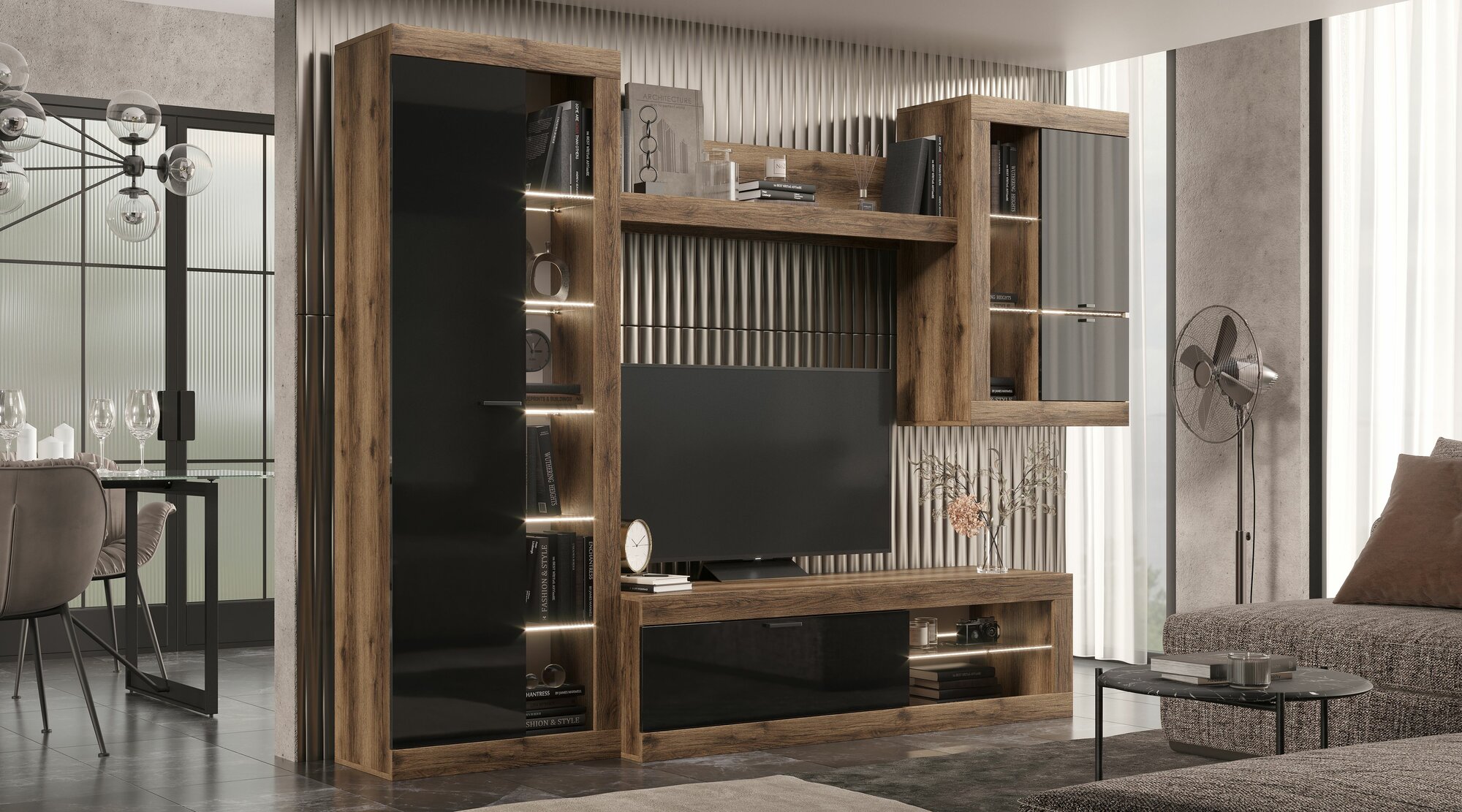 Комплект мебели для гостиной Прага с подсветкой (комп 25) Дуб Делано/Черный глянец