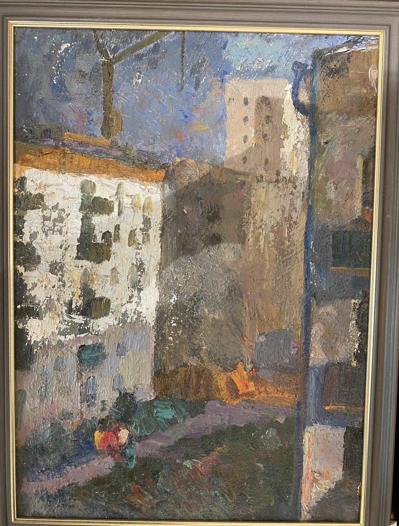 Картина в раме! Городской пейзаж. 37/50. Картон/ масло. Художник неизвестен. Примерно 1980 г