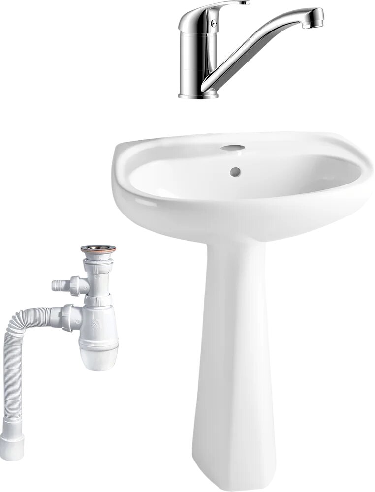 Комплект Раковина VitrA Normus 9600B003 с пьедесталом / Смеситель для раковины Rossinka Y Y35-22 / Сифон Wirquin Минор с отводом для стиральной машины