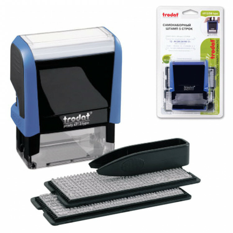Штамп самонаборный 5-строчный, оттиск 58х22 мм, синий без рамки, TRODAT 4913P4/DB, кассы В комплекте, 4913/DB