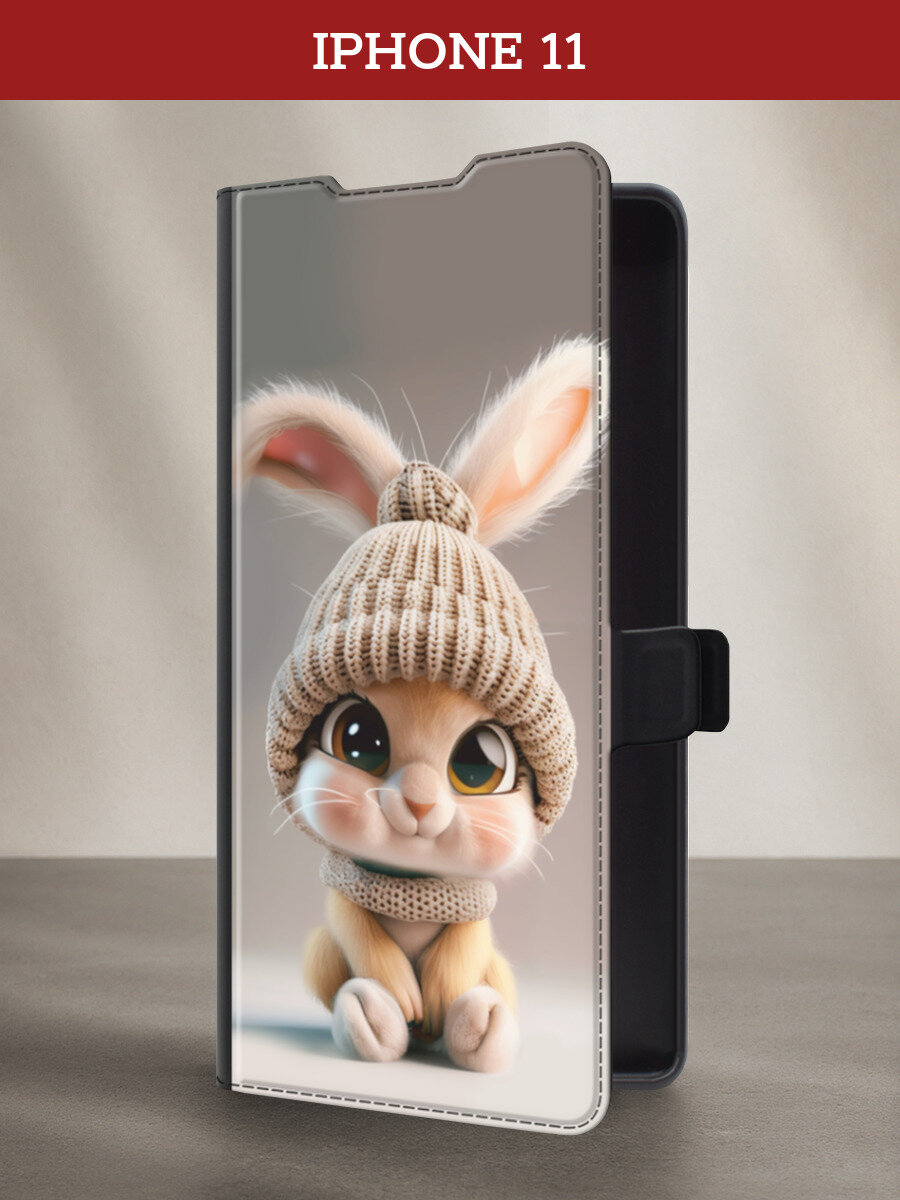 Чехол-книжка на Apple iPhone 11 / Айфон 11 с принтом Крольчонок в вязаной шапке, черный