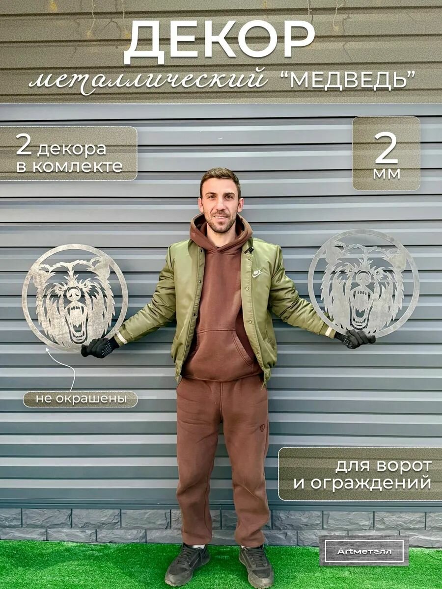 Декор металлический для ворот и калиток "Медведь" 420х420 мм (2 шт) , кованые элементы из металла