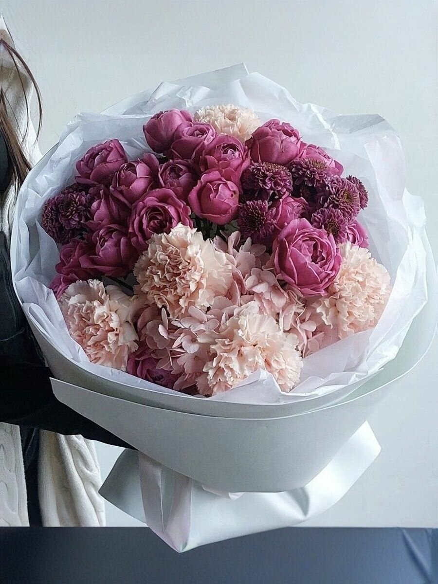 Цветы живые букет из розы, гвоздики и хризантемы "Бархатный вечер" Flor2u