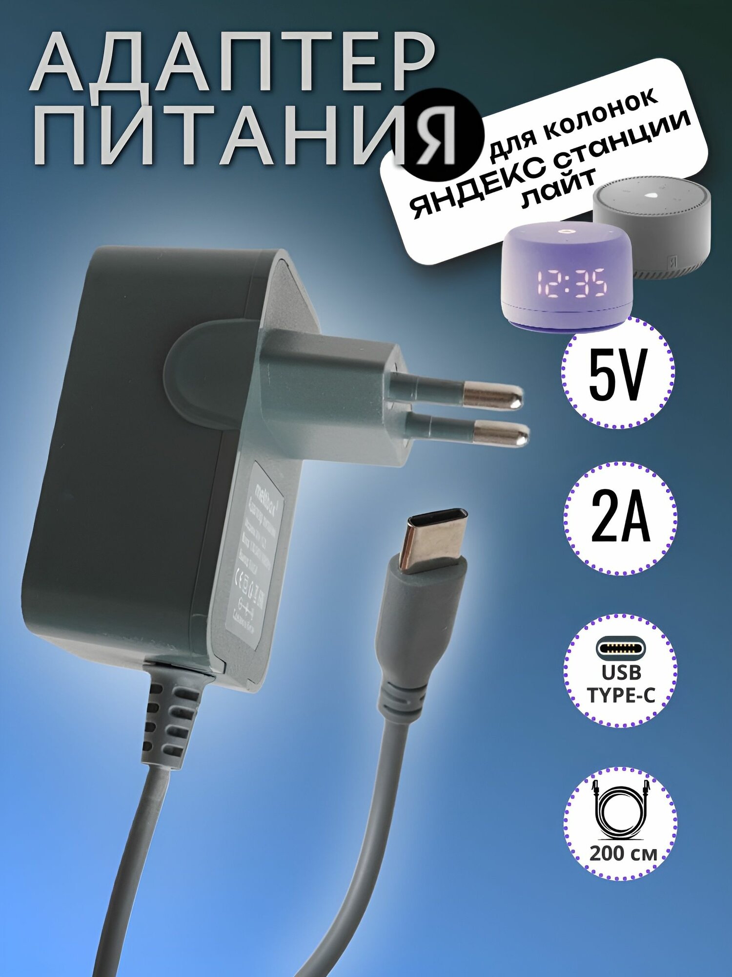 Адаптер питания для Алиса Лайт 5V 2A 10W. USB-C. серый, кабель 2 метра