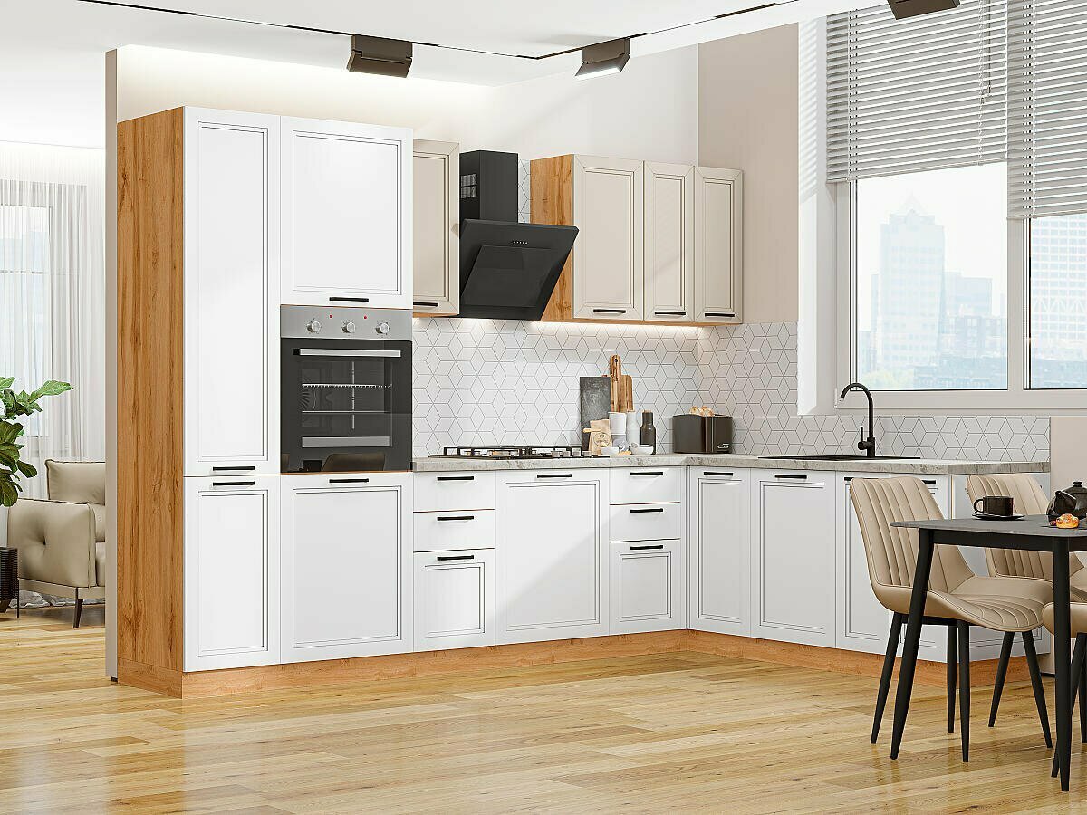 Кухонный гарнитур угловой кухня без столешницы Нео-03 2140*3000-2100*600 Cream Silk-White Silk