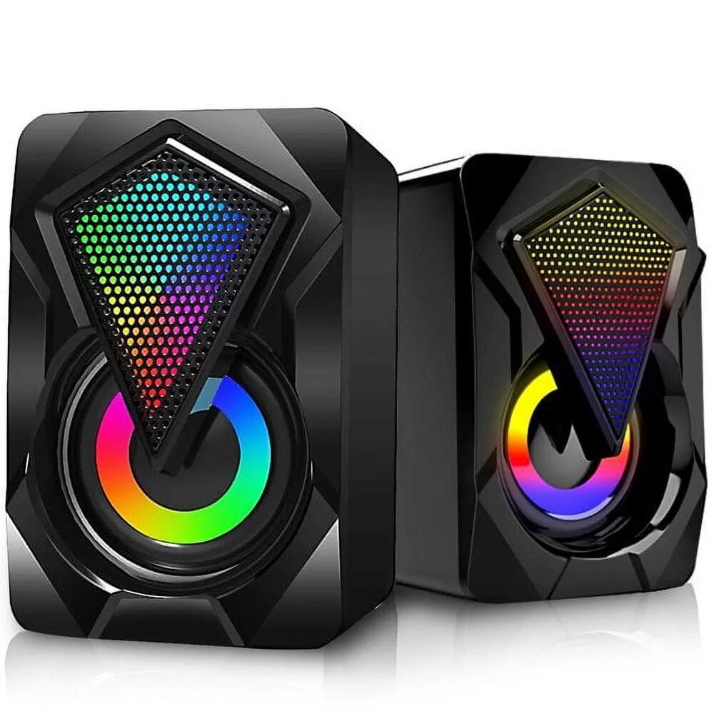 GJX Компьютерные колонки с RGB подсветкой, стерео динамики с эффектом surround bass, USB питание, 3.5 мм, для ПК, ноутбуков, смартфонов, ТВ.