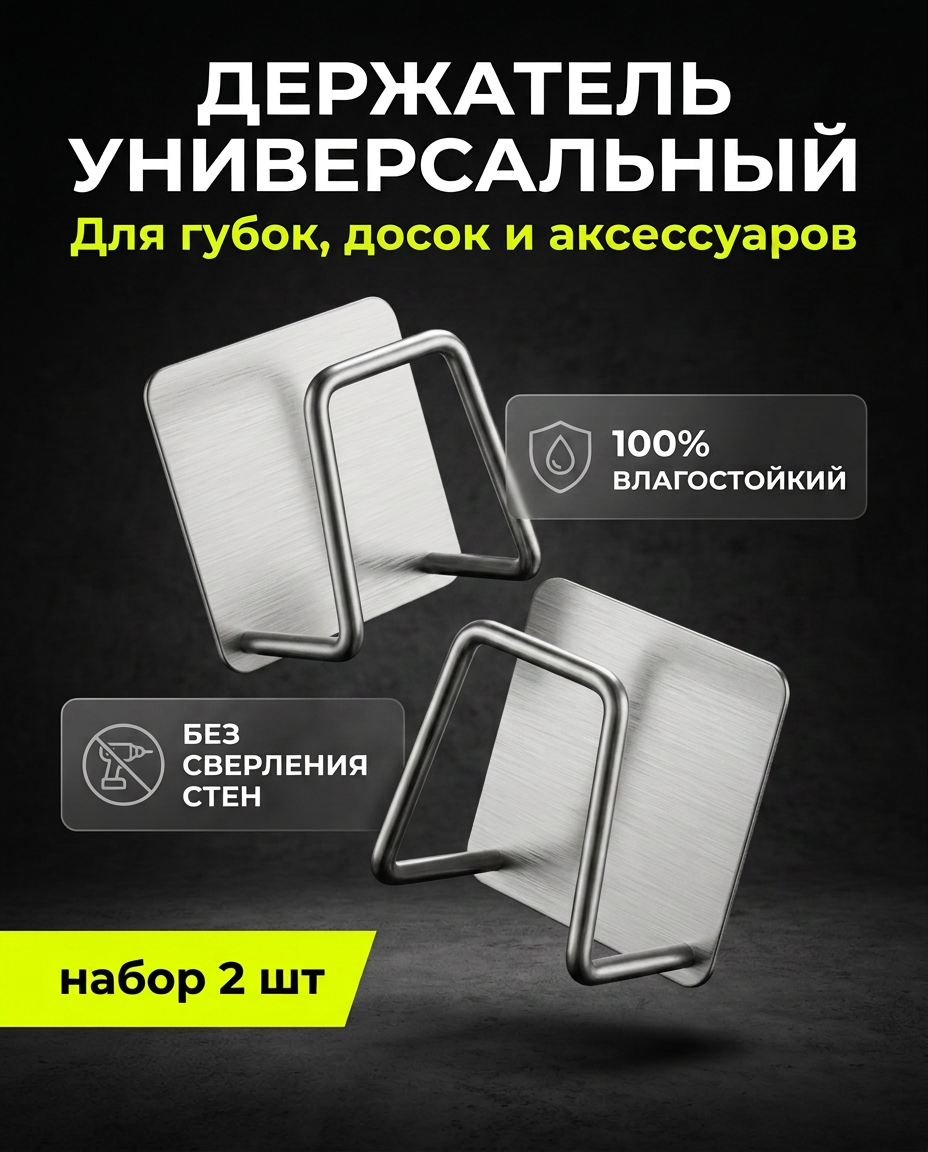 Крючок самоклеющийся/держатель для губки, серебристый, набор 2 шт.