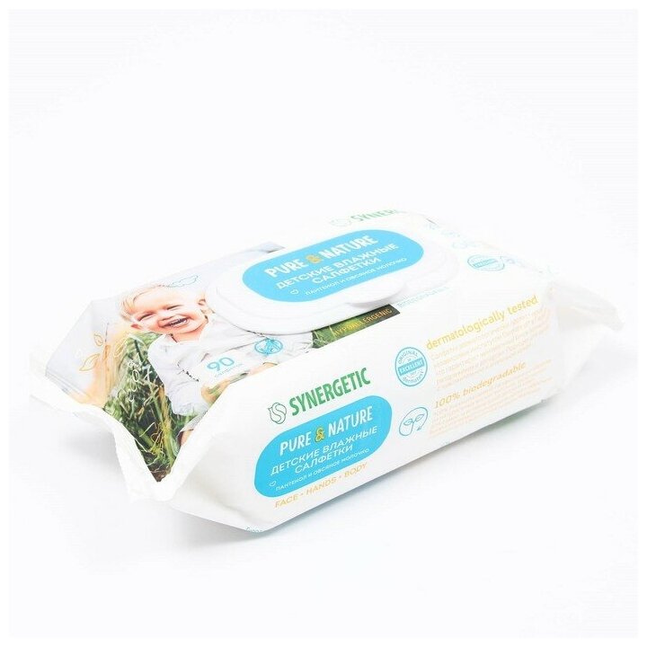 Влажные салфетки SYNERGETIC "Пантенол и Овсяное Молочко", для новорожденных, гипоаллергенные, 90шт