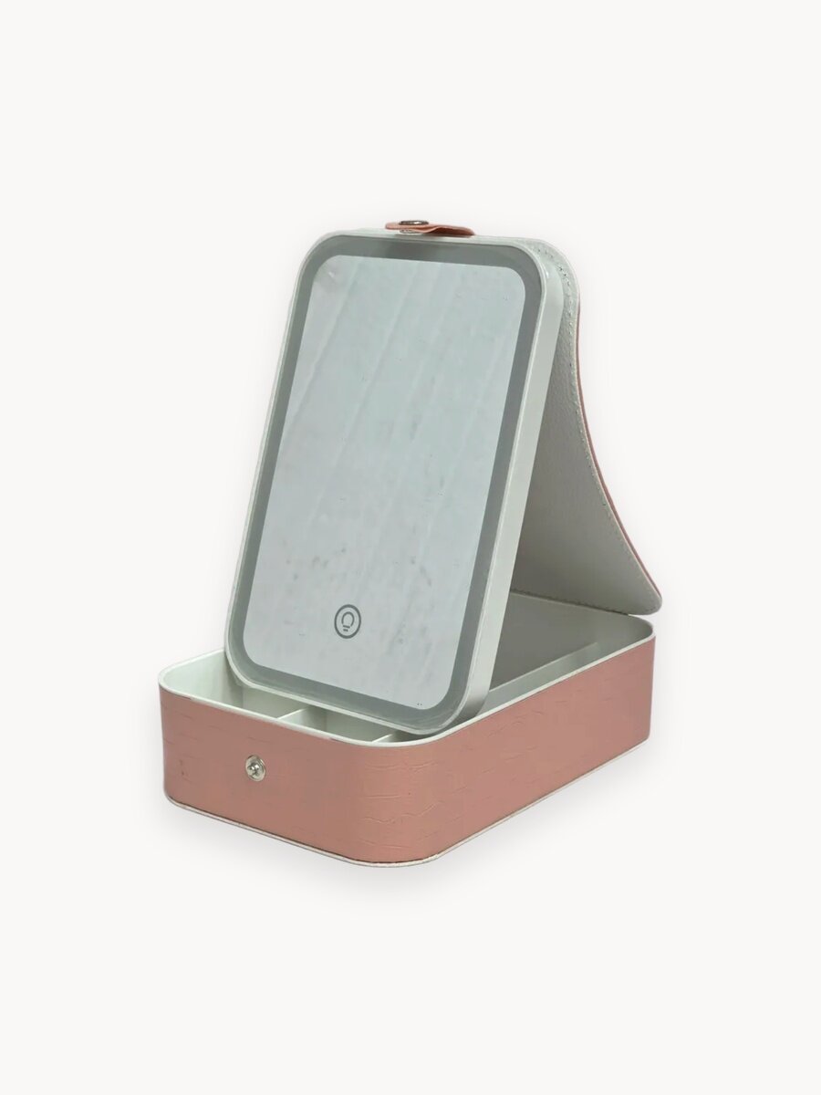 Органайзер-косметичка с зеркалом и подсветкой, зеркало настольное косметическое, дорожная, розовая