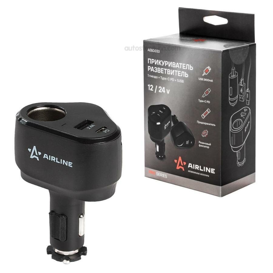 AIRLINE AEBD033 -разветвитель 1 гнездо + Type-C PD + 1USB 2.4A 30Вт PRO (AIRLINE)!