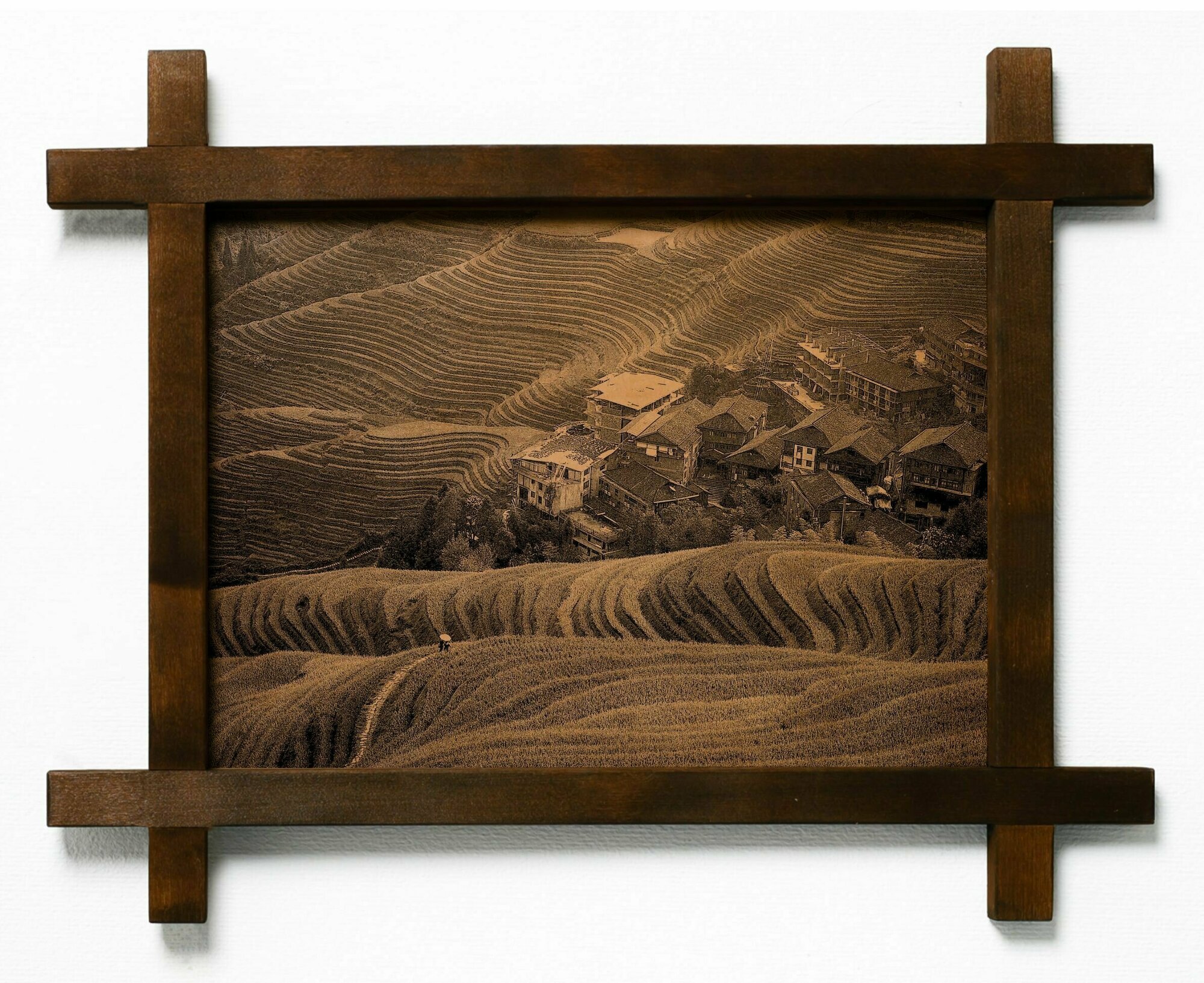 Интерьерная картина из натуральной кожи "Террасы Лонгджи, Китай", декоративное настенное панно в деревянной раме, BoomGift