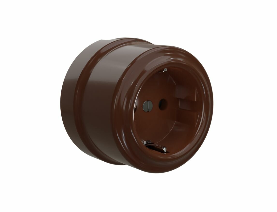 Ретро розетка фарфоровая (керамическая) электрическая с заземляющим контактом, цвет коричневый, серия аврора