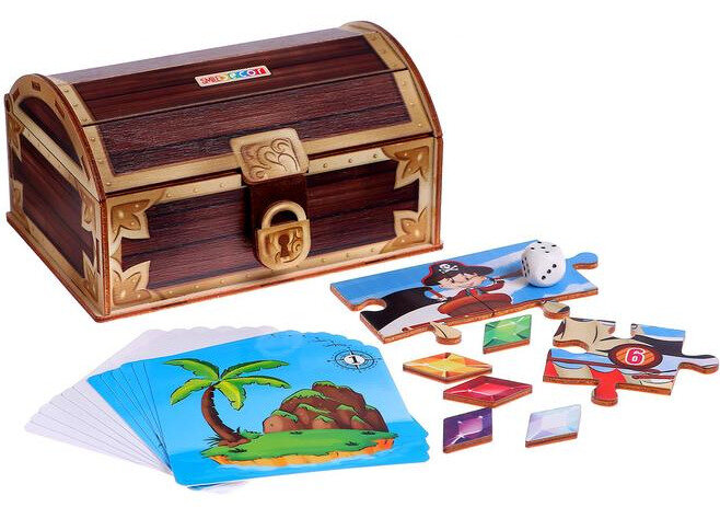 Набор развивающих игр "Сокровища пиратов" для детей, деревянный пазл-головоломка 25 деталей, мозаика 48 фишек, 12 карточек