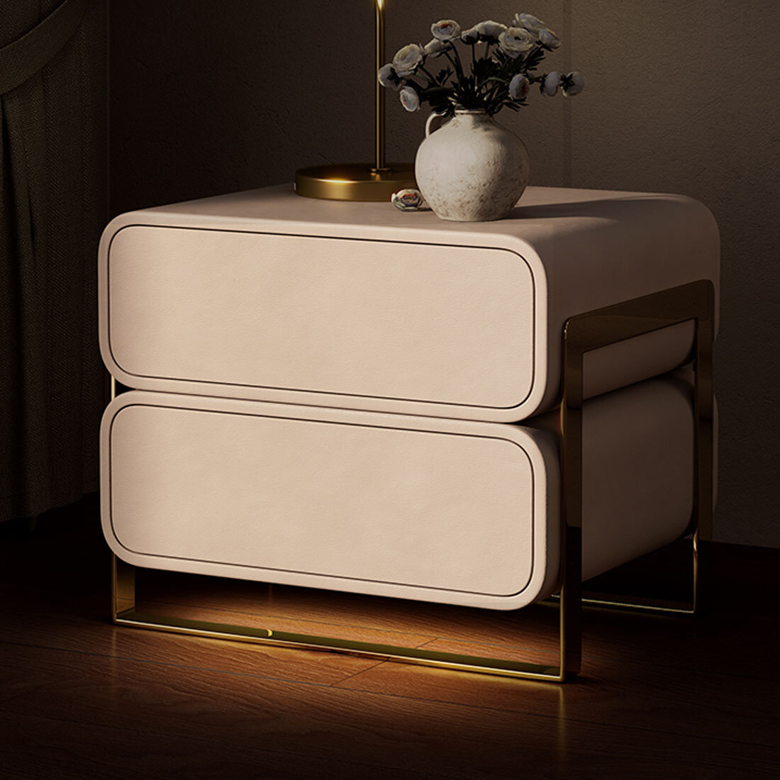 Кожаная прикроватная тумбочка в итальянском стиле Lucia (с подсветкой, персиковый)