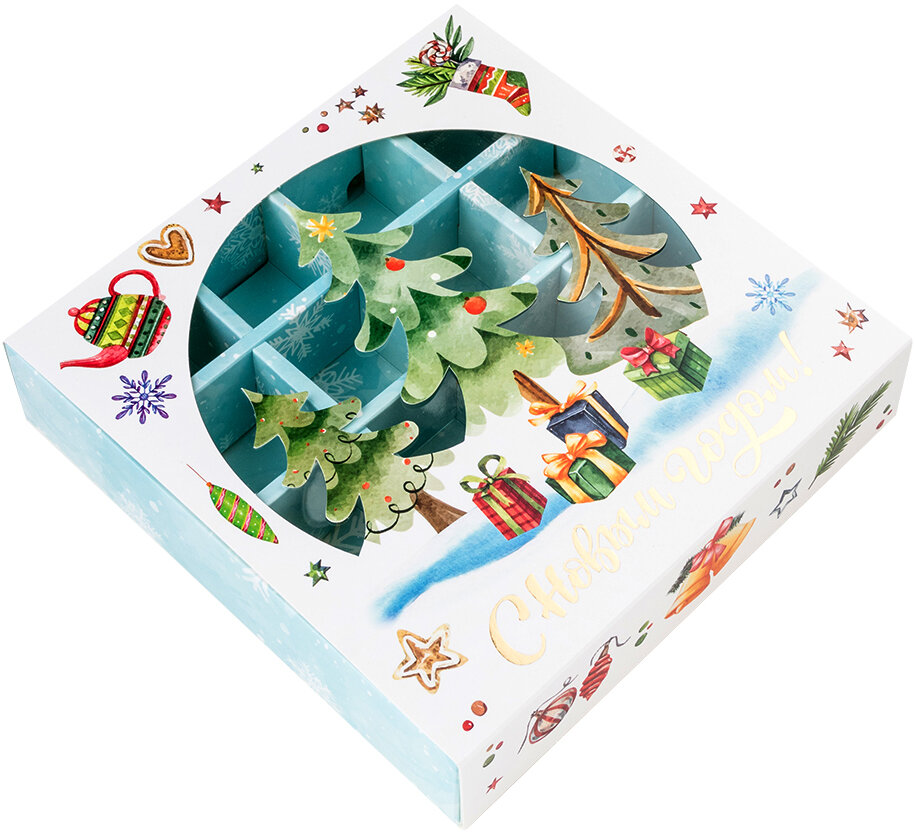 Упаковка для конфет 16 ячеек с окошком Елочки 17,7х17,7х3,8 см.