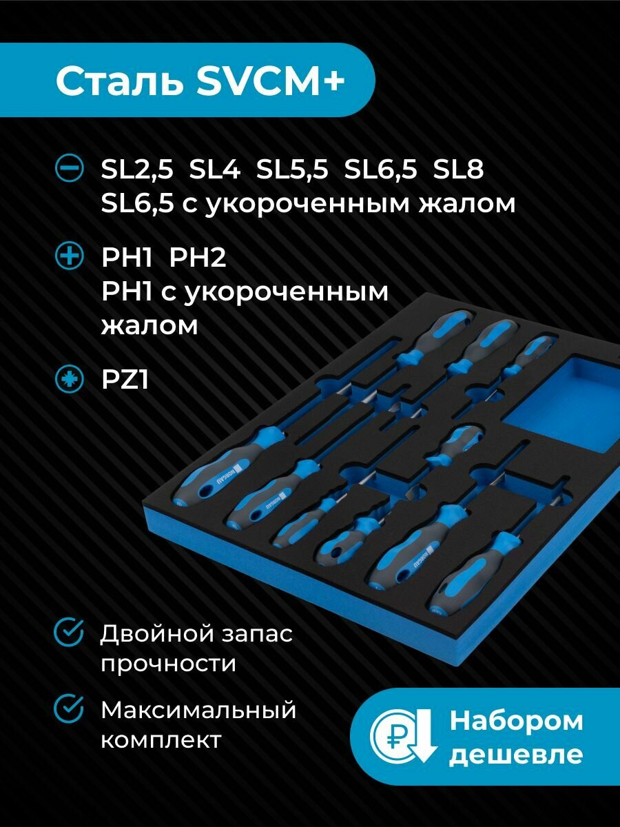 Набор отверток NORGAU Industrial SL+PH+PZ c двухкомпонентной рукояткой и магнитным жалом и, 10 штук