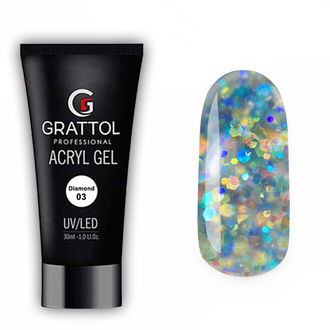 Grattol Acryl Gel Diamond 03 - Акрил-гель для наращивания и моделирования ногтей, прозрачный с шестигранниками, 30 мл