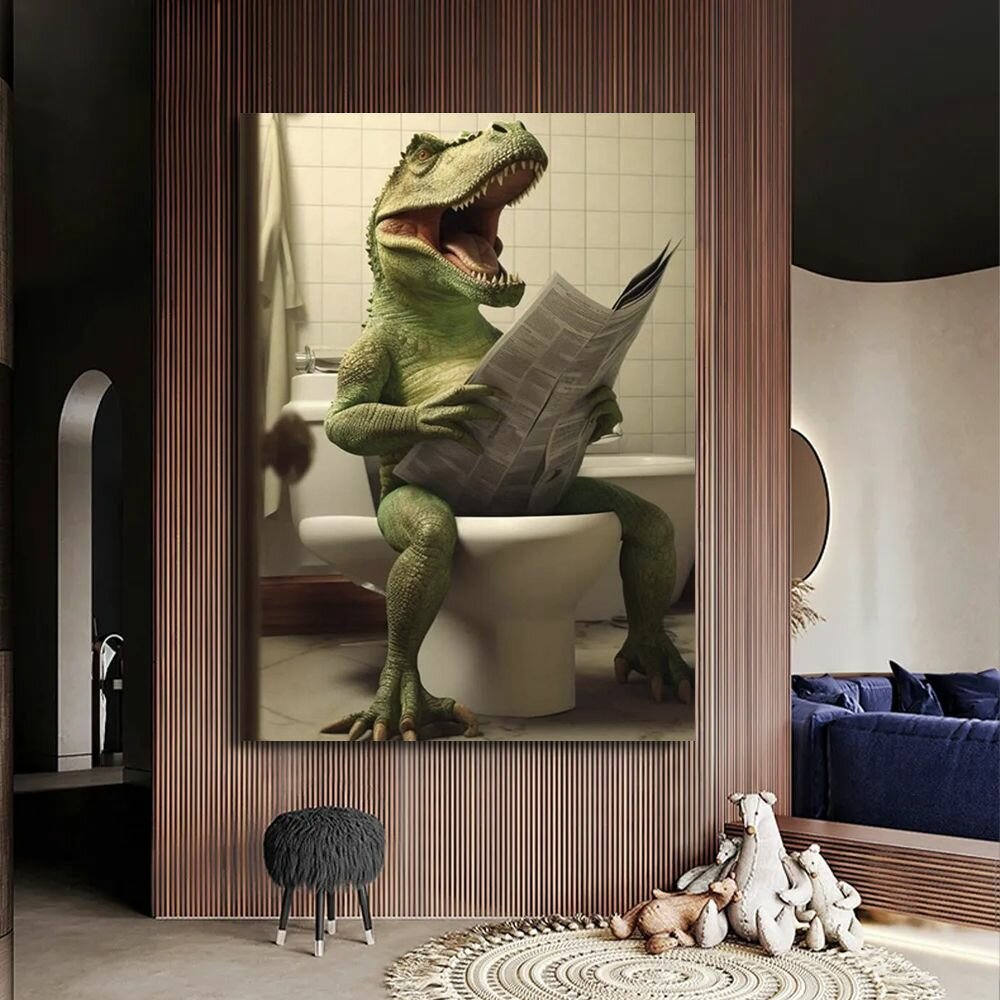 Картина "Динозавр читает", на дереве, на подрамнике, 70x50 см