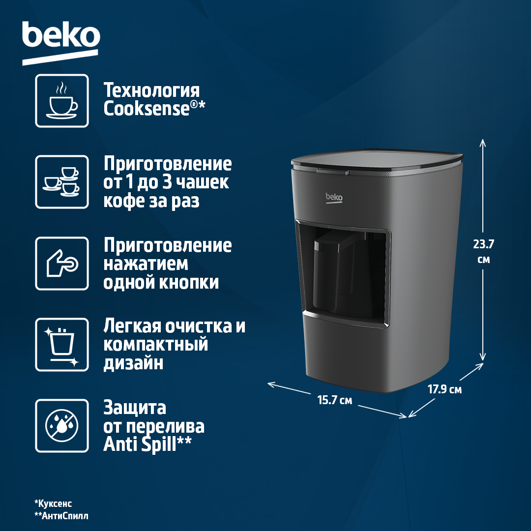 Кофе-машина мини Beko BKK2300, электронное управление, зерновой кофе, темно-серый