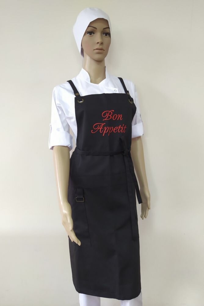 Фартук с вышивкой "Bon Appetit" (красного цвета) цвет черный (ткань канвас)