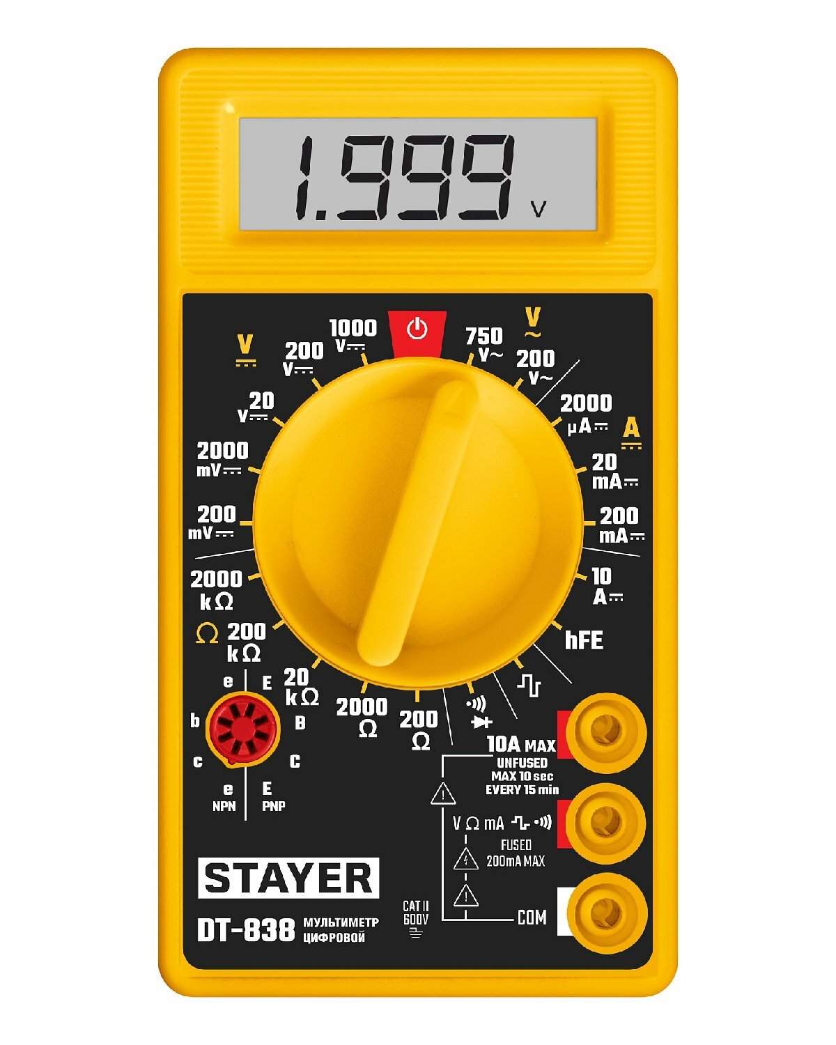 Цифровой мультиметр STAYER DT-838 с ЖК экраном 2000 отсчетов проверка цепи диодов транзисторов напряжение 1000В ток 10А сопротивление 2000К