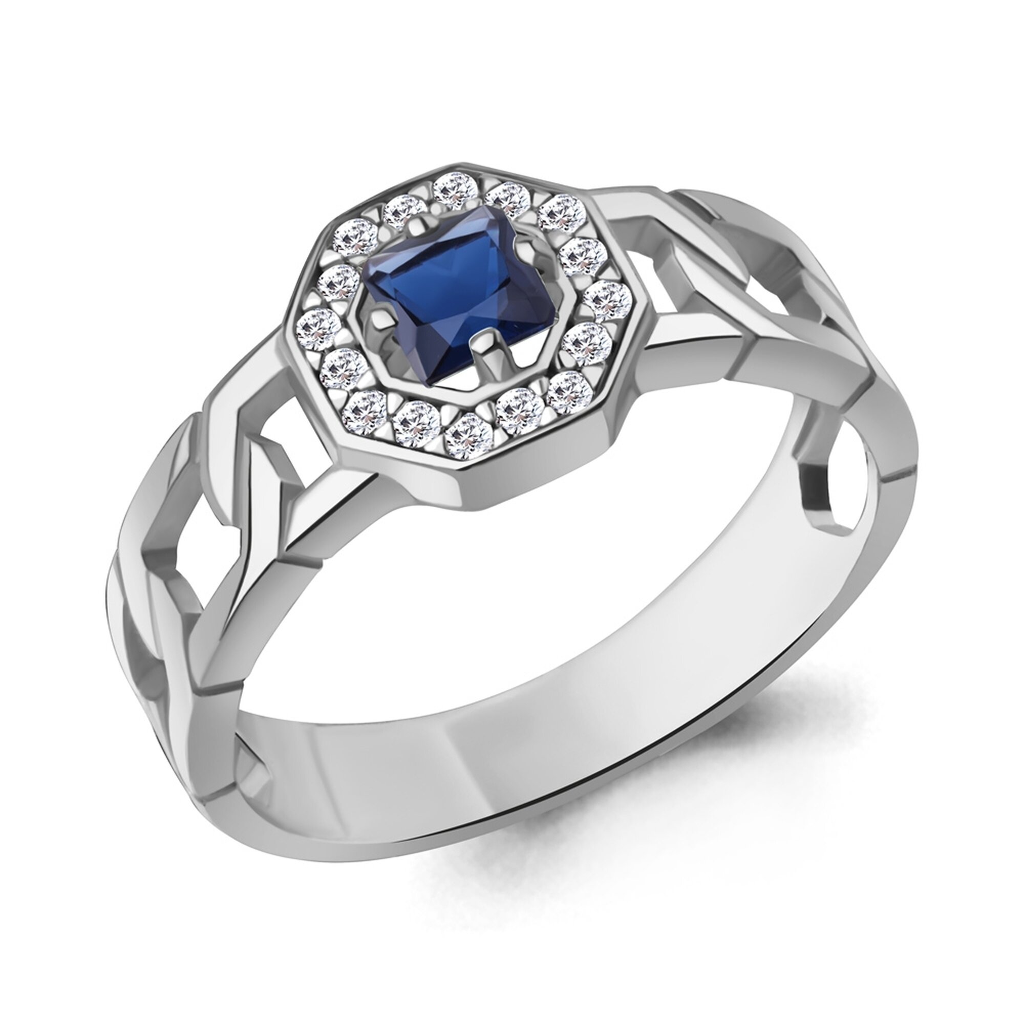 Кольцо, серебро, 925 проба, родирование, фианит, сапфир синтетический