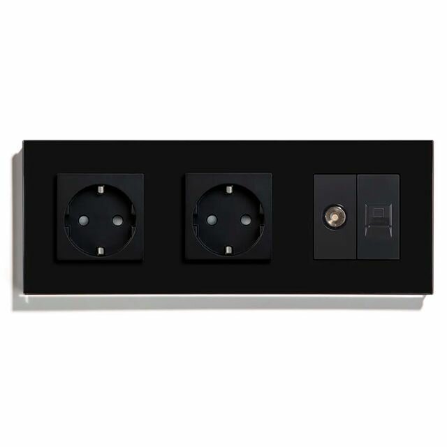 Розетка 3 поста с интернет/тв, CAT5e/TV, рамка 228х86мм стекло, цвет черный