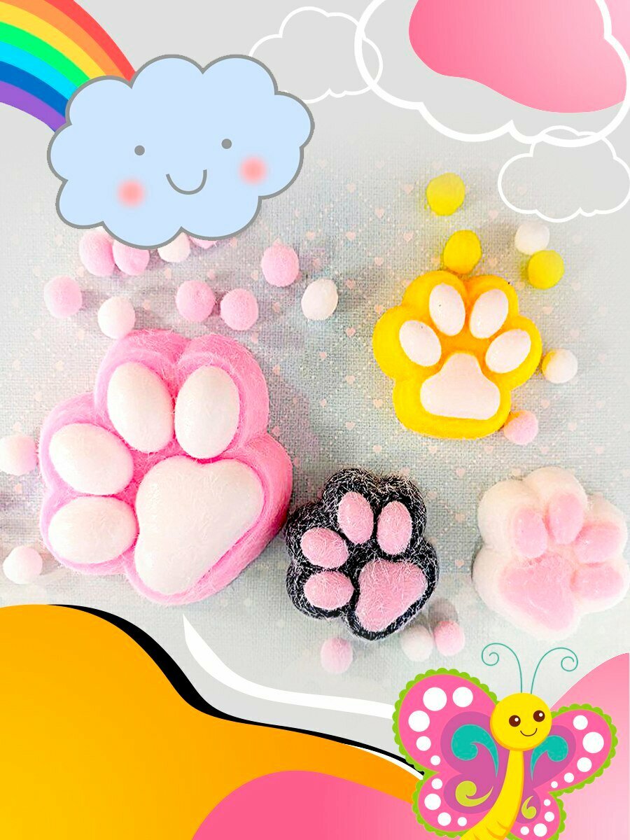 Сквиш лапка 3 маленьких+1 большая. Игрушка антистресс розовый. Кошачья лапа