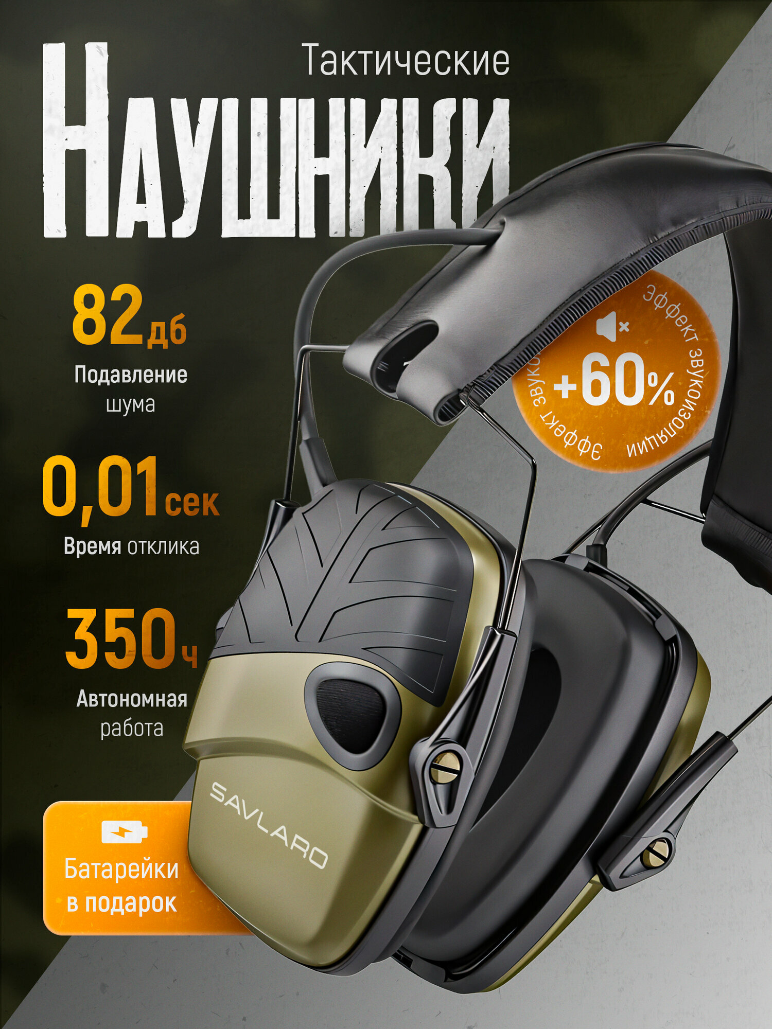 Наушники для стрельбы Savlaro, тактические, активные, складные, зеленые, с шумоподавлением