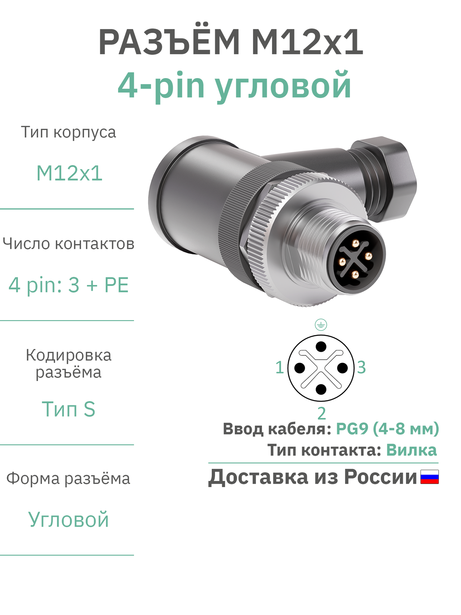Разъём M12 S-coding 4 pin: 3 + PE угловой / вилка (папа) / PG9 (4-8 мм диаметр под кабель) / модель RAZM-M12-C4A-CODE-S-PG9
