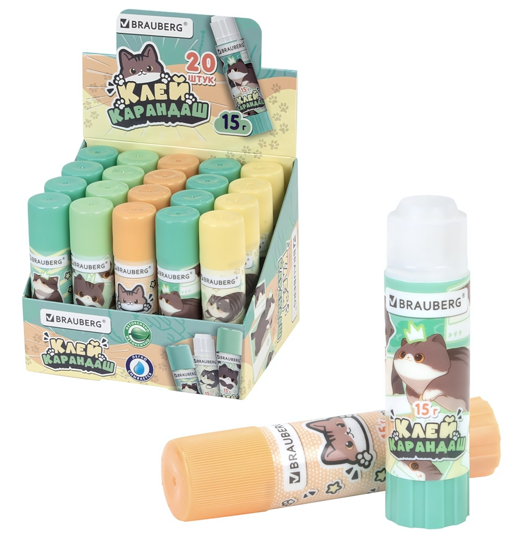 Клей-карандаш 15 г "Милые коты" цвет в ассортименте, быстрая фиксация без пятен, 5 лет срока годности